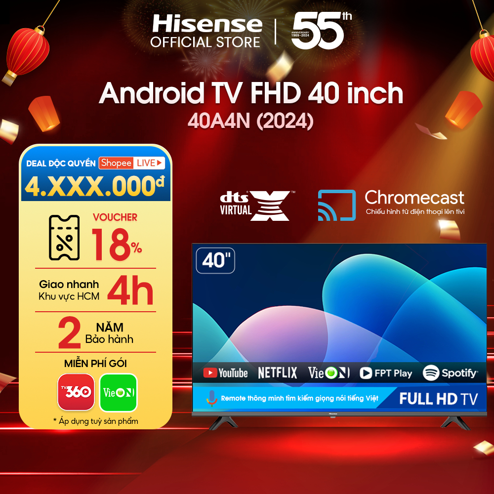 [Giao lắp toàn quốc] Android TV FHD 40inch Hisense 40A4N trợ lý ảo Google Voice Control, bảo ...