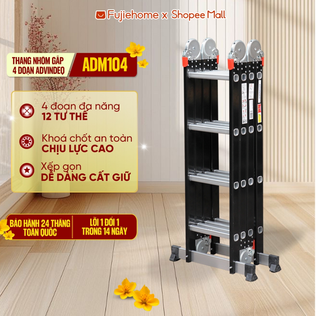 Thang nhôm gấp 4 đoạn 4.7M đa năng nhập khẩu Advindeq, thang xếp 4 khúc 14 tư thế sử dụng khoá ...