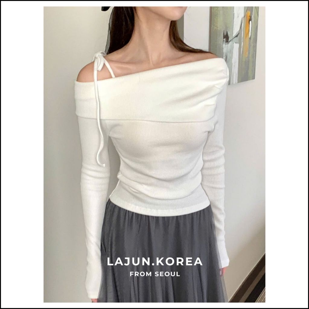 [LAJUN KOREA] Áo Len Chloe Tay Dài Trễ Vai Thắt Nơ Co Giãn Tôn Dáng ...