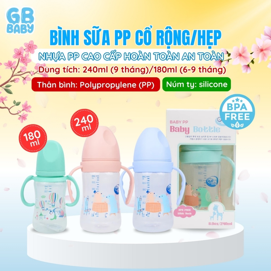 [Gb-Baby Chính Hãng] Bình Sữa PP (Cổ rộng/hẹp) dung tích 180ml 240ml có tay cầm GB-Baby Chính ...