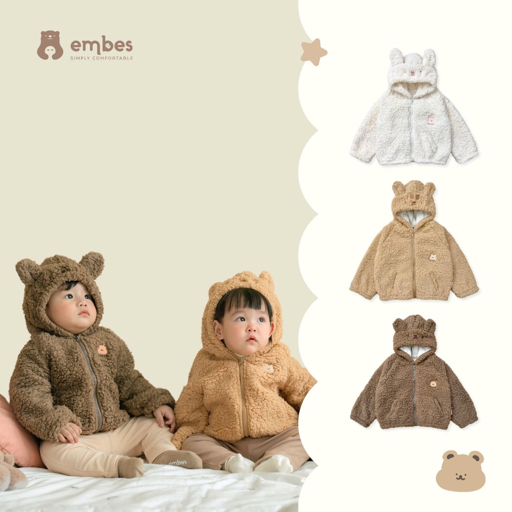 Áo Khoác Cho Bé Embes, Áo Khoác Lông Tai Gấu Lớp Lông Dày Dặn Cho Bé ...