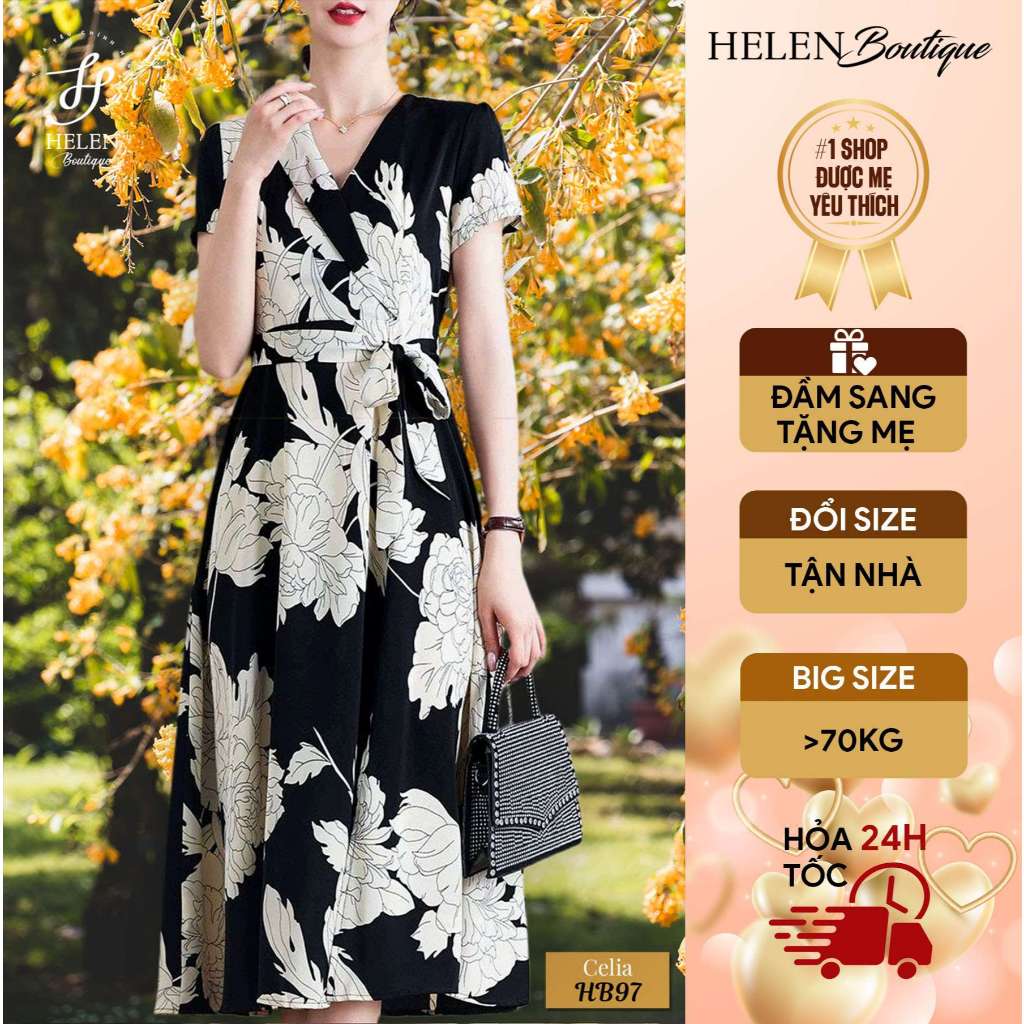 Đầm Tết Tặng Mẹ Trung Niên Cổ Vest Sang Trọng, Hoa Mẫu Đơn Quý Phái ...