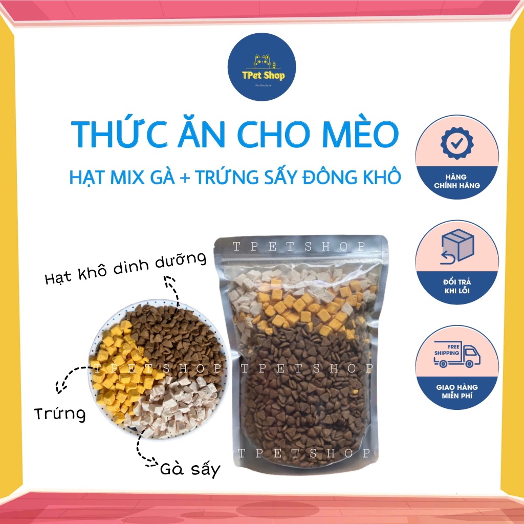 Thức ăn cho mèo, hạt cho mèo Mix Ức gà + Lòng đỏ trứng + Hạt khô nhỏ ...