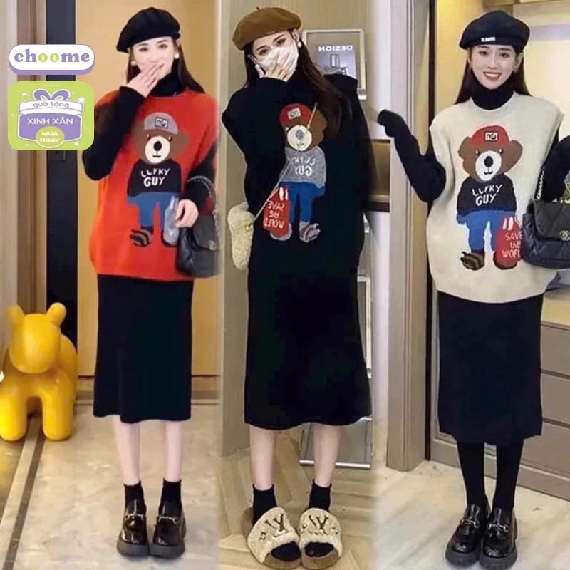 Set váy bầu Thỏ Gile 2 Món, Váy Len Cổ Lọ Mix Áo Gile Chất Nỉ Pe Dầy ...