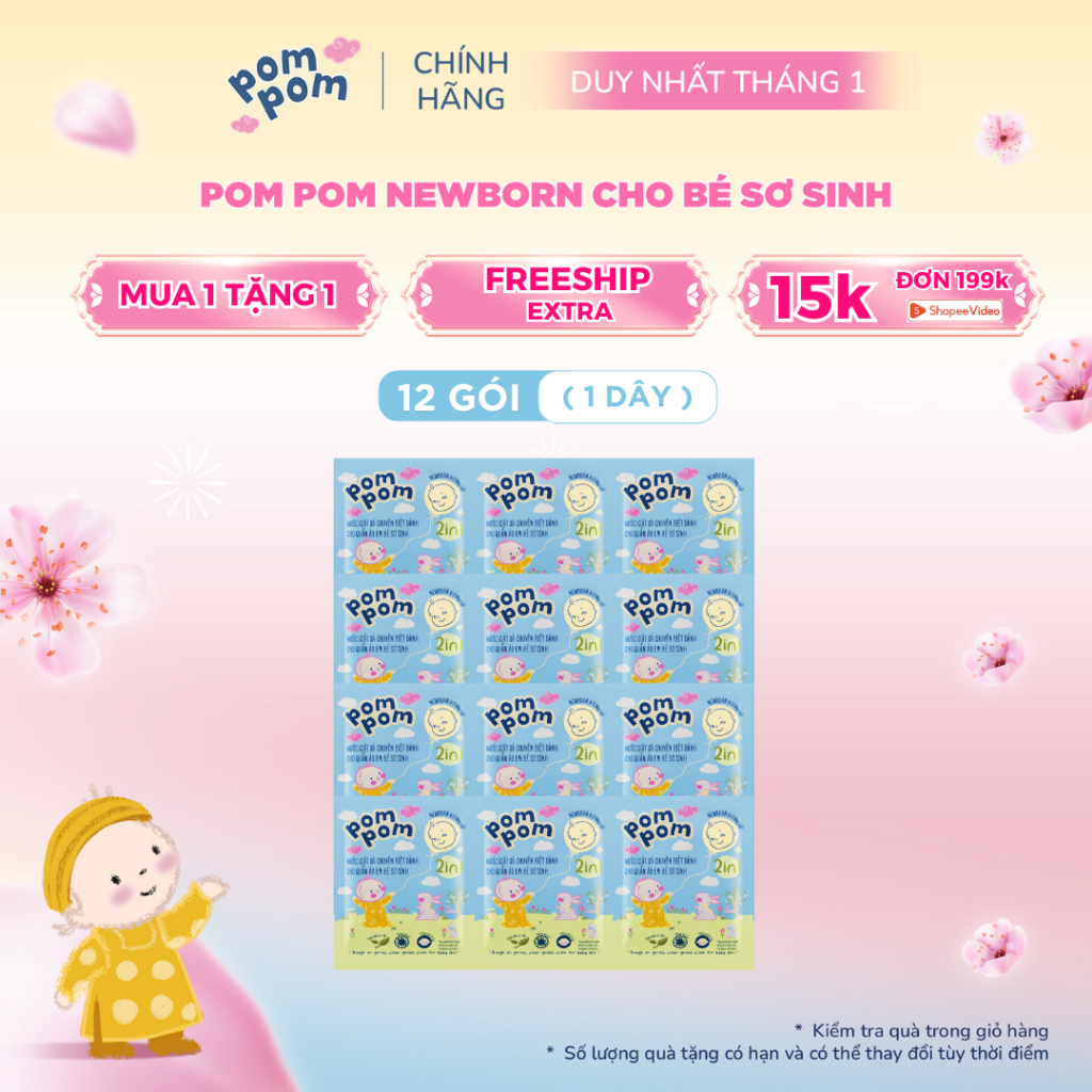 [ Dây 12 gói ] Nước Giặt Xả Cho Bé 0-12 Tháng Pom Pom Newborn Sạch Sâu ...
