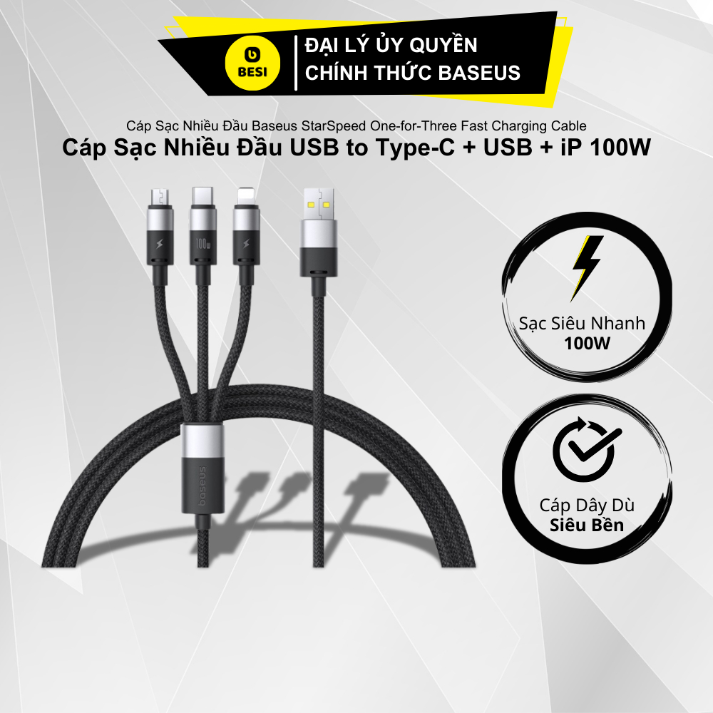 Cáp Sạc Đa Năng Baseus StarSpeed 100W USB to M+L+C | Dây Dù Siêu Bền ...