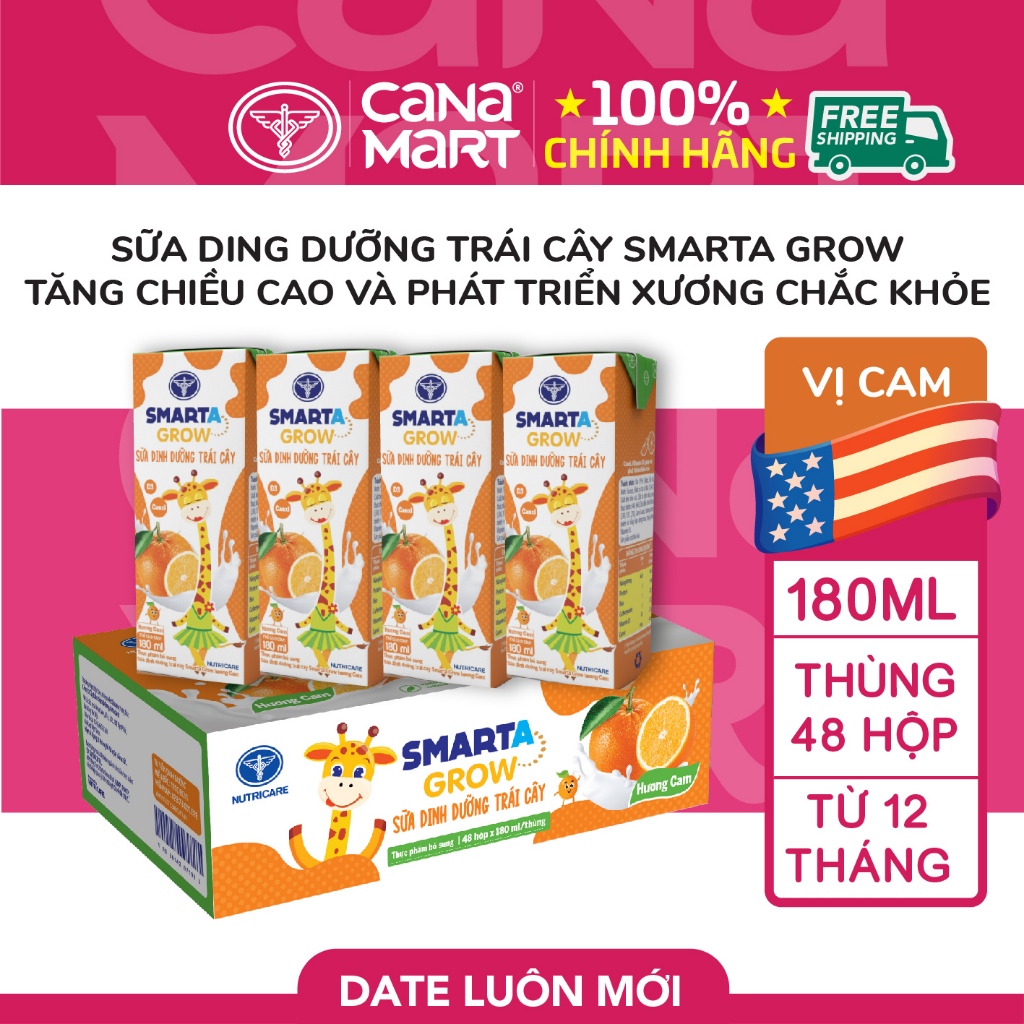 Thùng sữa dinh dưỡng trái cây Smarta Grow Nutricare dinh dưỡng cho trẻ thấp còi (180ml x 48 hộp ...