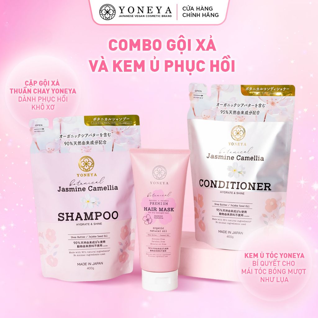 Combo Gội Xả Kem Ủ Tóc Yoneya Botanical Jasmine Camellia Hydrate & Shine Thuần Chay Phục Hồi Hư ...