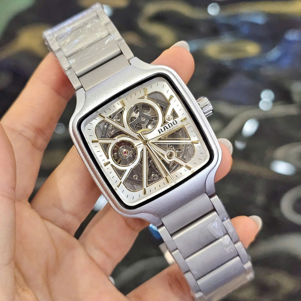 Đồng Hồ Cơ Nam RaDo Mặt Vuông Size 40mm Lộ Cơ Hoàn Toàn Dây Thép Đặc ...