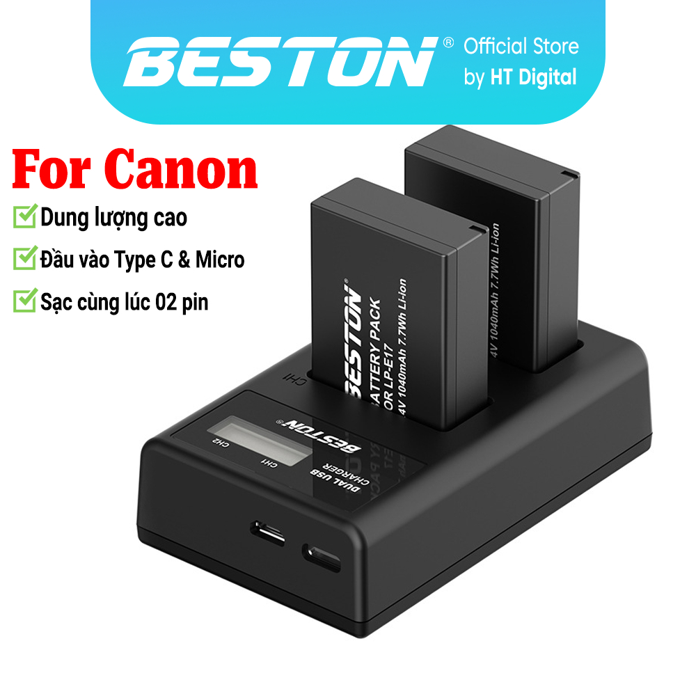 Pin và sạc Beston dùng cho máy ảnh Canon E17 E12 E6 E8 E10, pin dung lượng cao, 2 cổng sạc, thay ...