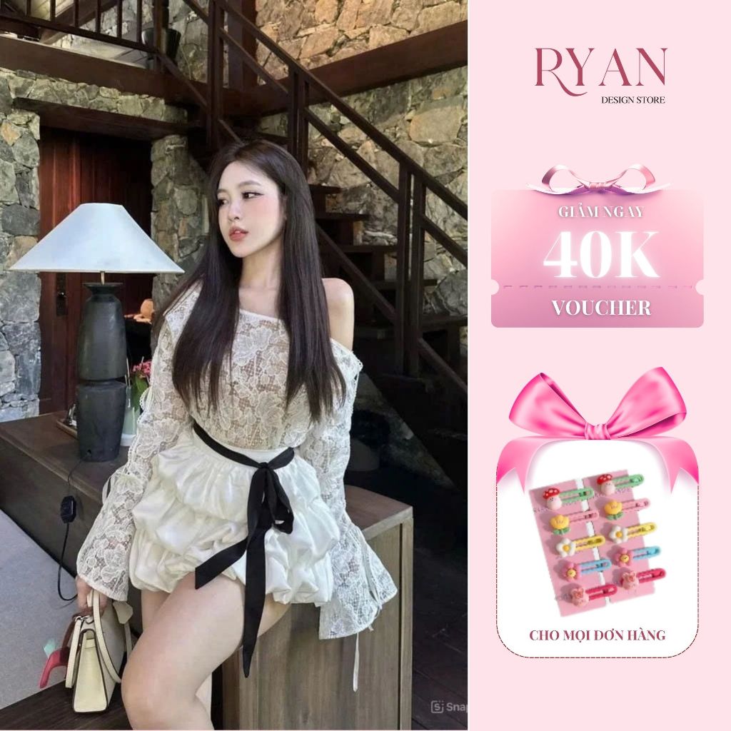 Set áo ren trễ vai tay dài mix chân váy bồng 3 tầng cạp cao thắt nơ (H46) - Ryan Design Store ...