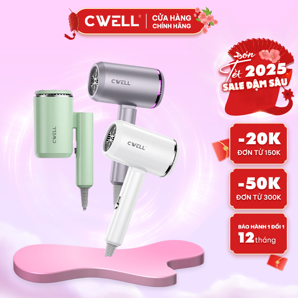 Máy sấy tóc gấp gọn CWell 1800W 2 chiều nóng lạnh, 3 chế độ nhiệt, ánh ...