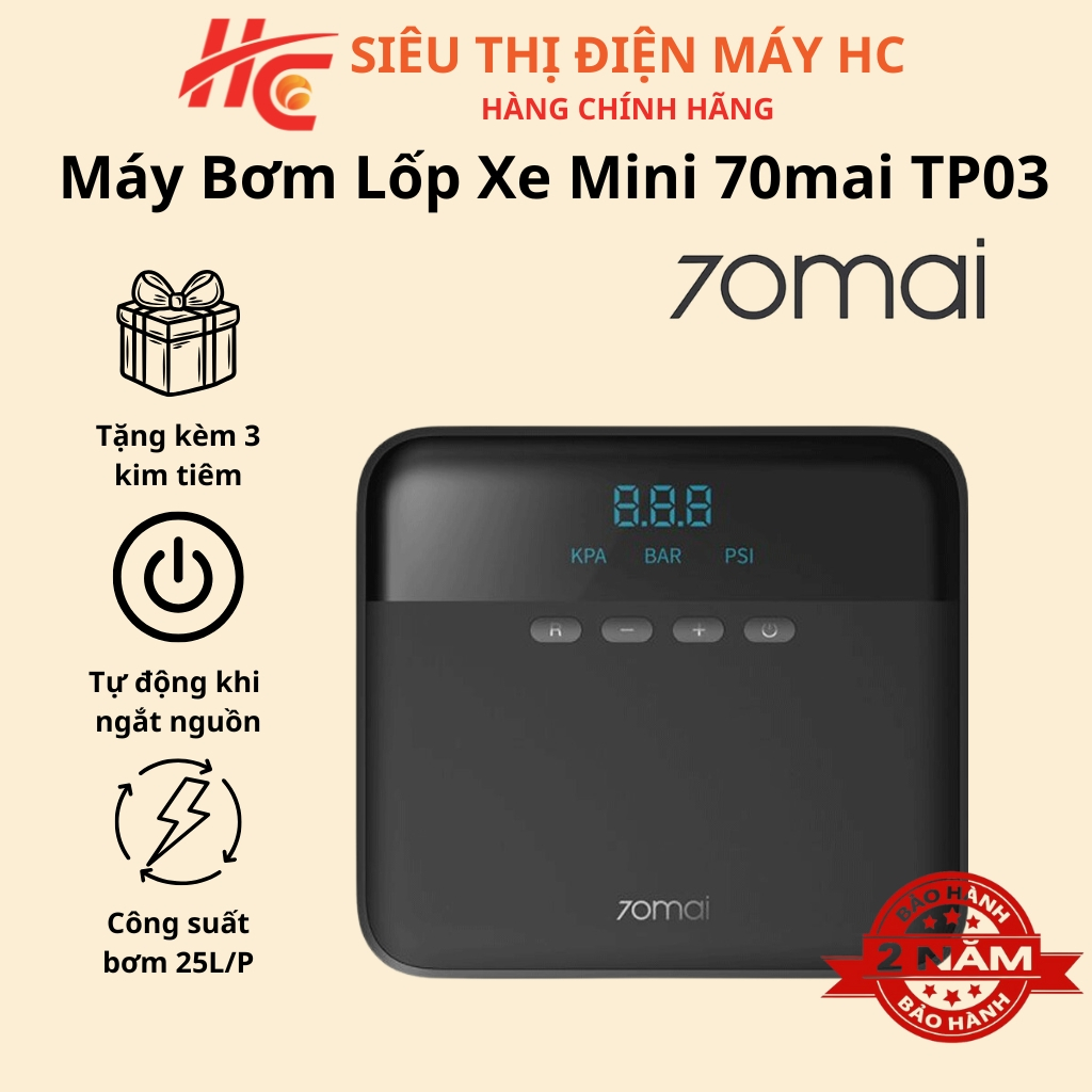 Máy Bơm Lốp Xe Ô Tô Mini Tự Động Xiaomi 70mai TP03 - Áp Suất Lớn - Tự Ngắt - Có Hiển Thị Áp Suất ...