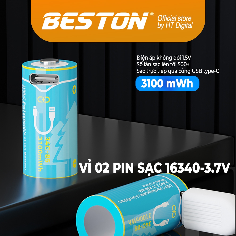 Pin sạc 16340 RCR123A (2 viên) 3100mWh USB Beston Lithium kèm cáp sạc ...