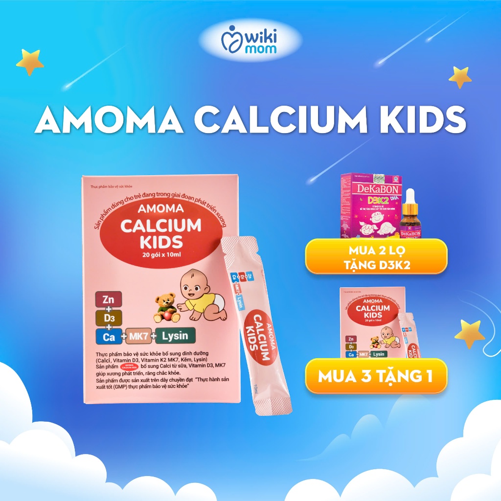 Canxi hữu cơ Amoma Calcium Kids 10ml/gói, 1 hộp 20 gói - Bổ sung canxi, vitamin D3,K2, Kẽm ...
