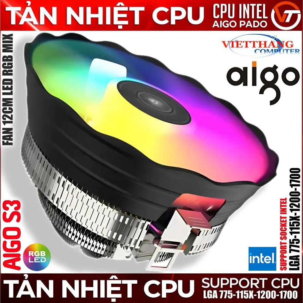 Tản nhiệt khí Aigo Pado S3 Fan 12cm Led RGB Silent Intel Hỗ trợ Socket ...