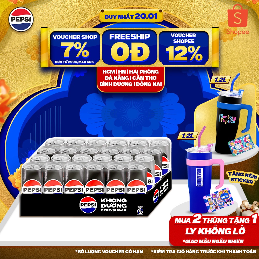 [Giao sau Tết]Thùng 24 Lon Nước Uống Có Gaz Pepsi Không Calo (320ml/lon) | Shopee Việt Nam