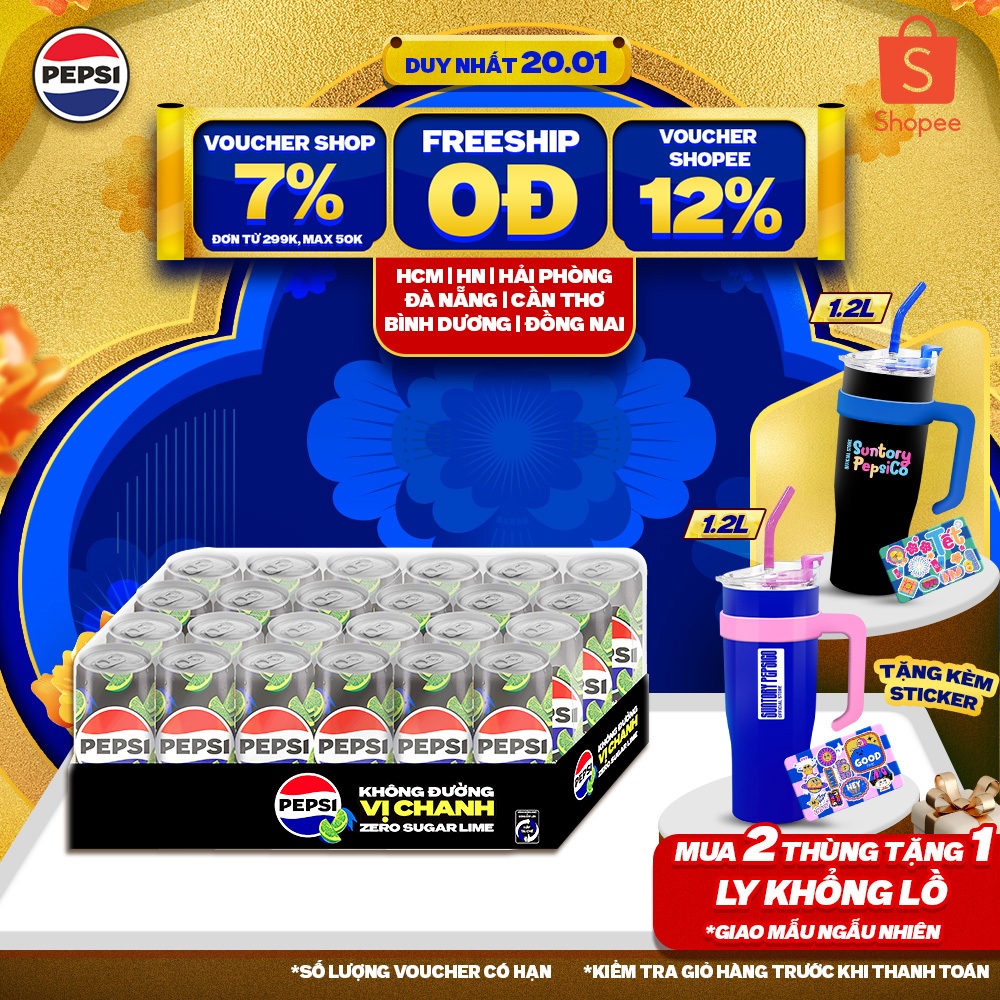 [Giao sau Tết]Thùng 24 Lon Nước Uống Có Gaz Pepsi Vị Chanh Không Calo (320ml/lon) | Shopee Việt Nam