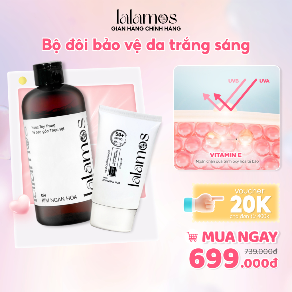Combo bảo vệ da trắng sáng Lalamos Nước tẩy trang 280ml + Kem chống nắng nhụy Kim Ngân Hoa tone ...