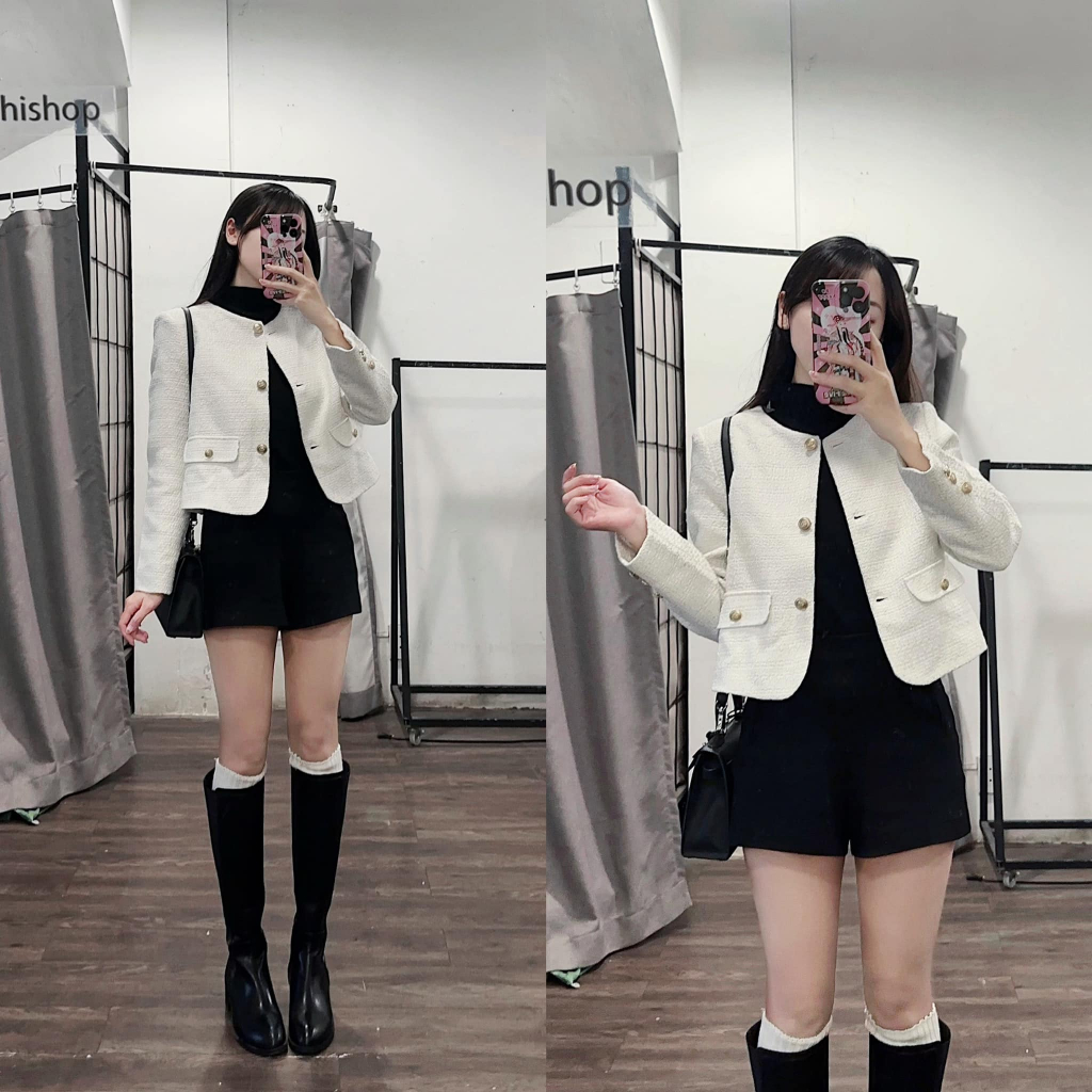 Áo dạ tweed nắp túi khuy vàng màu trắng VNXK-120K02 | Shopee Việt Nam