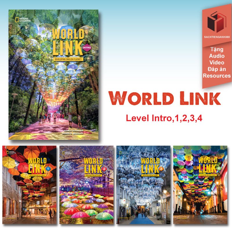 Sách - World Link - Level Intro,1,2,3,4 - bản in màu - khổ A4 tặng kèm ...