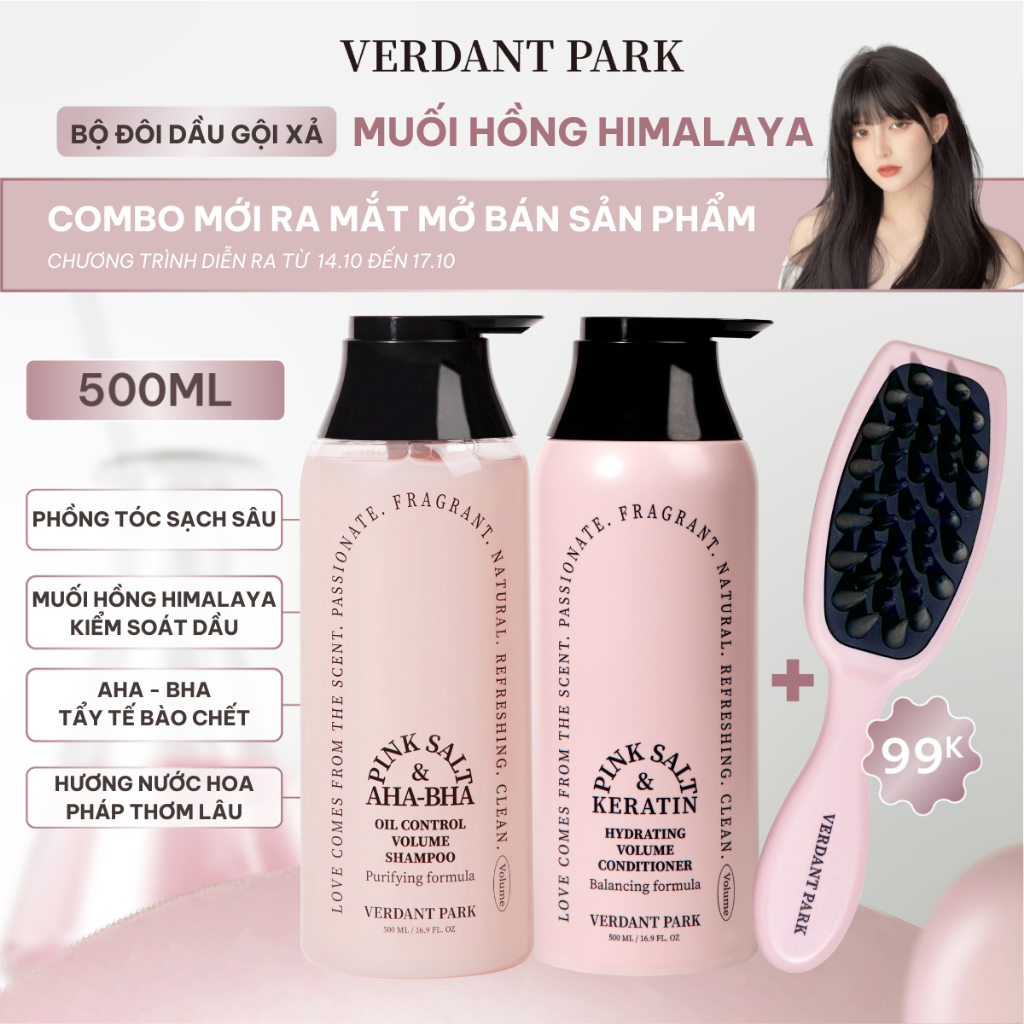 Bộ đôi Dầu Gội Xả VERDANT PARK 500ml muối hồng Himalaya AHA BHA kiềm ...
