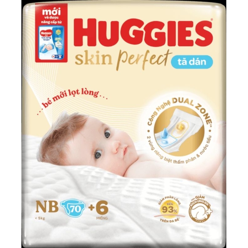 Tã dán sơ sinh Huggies skin perfect NB70+4 với hai vùng thấm giảm kích ứng da cho bé dưới 5kg ...