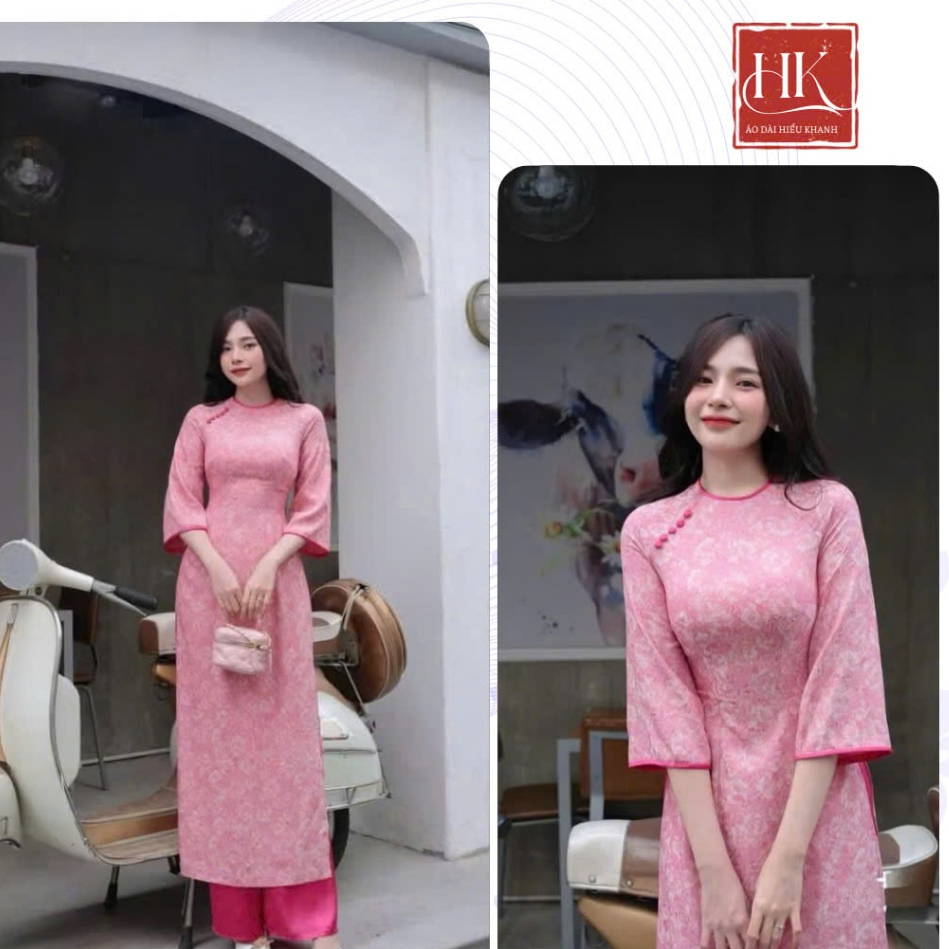 Áo Dài Hồng Gấm Vân Hoa Dáng Truyền Thống Hiểu Khanh Ôm Eo Bo Viền Cổ Tay Phối Màu - Hàng Chính ...