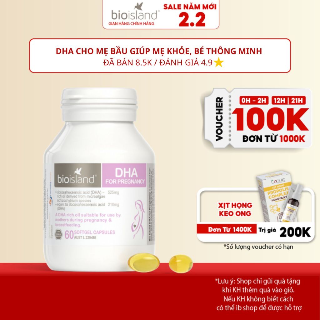 Viên vitamin bầu DHA Bioisland 60 viên phát triển trí não thai nhi, bé thông minh khỏe mạnh, hỗ ...