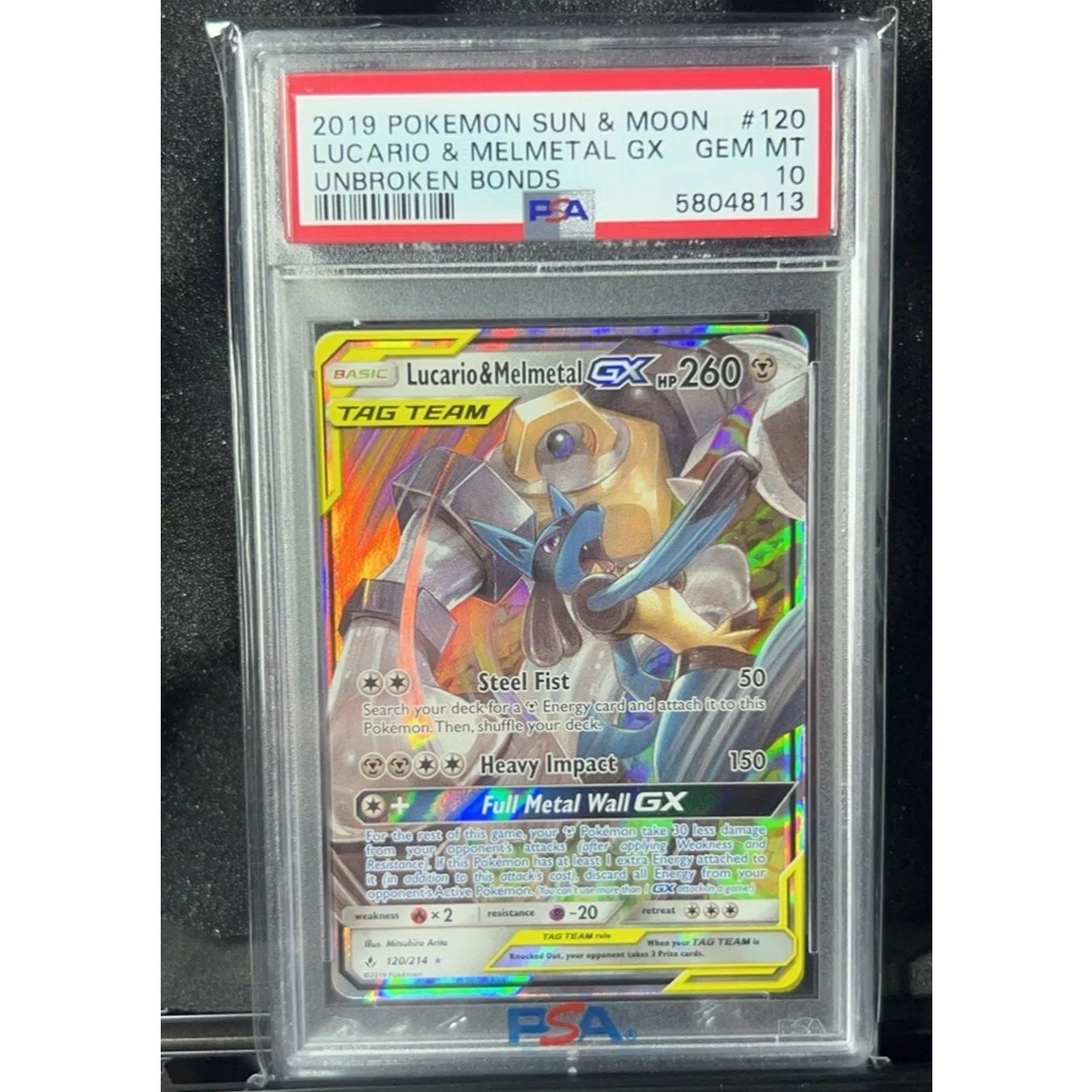 Thẻ GRADED PSA 10 Gem Mint POKEMON 2019 Sun Moon Unbroken Bonds LUCARIO MELMETAL GX 120 EN d65 ...