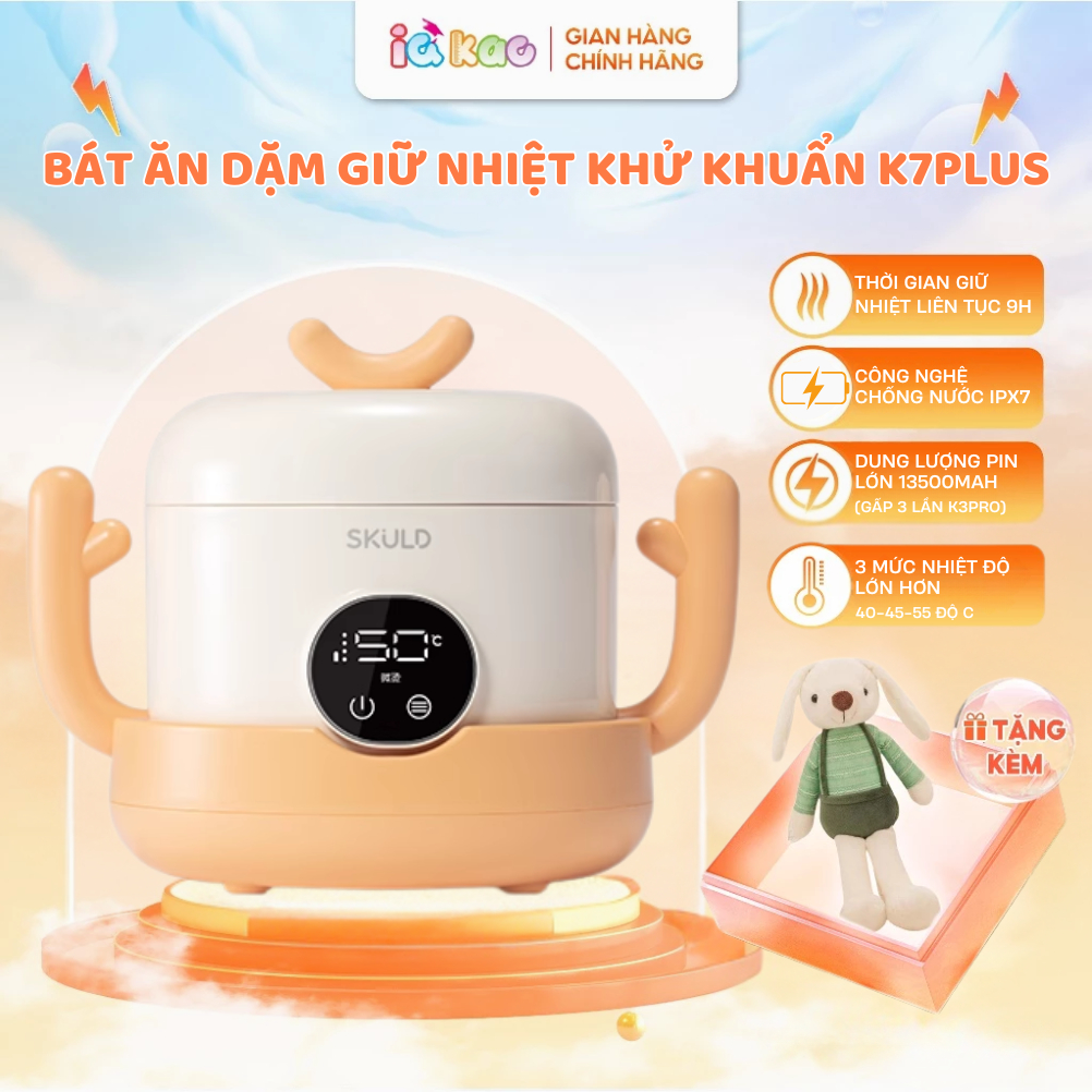 Bát ăn dặm giữ nhiệt khử khuẩn tích điện cao cấp SKULD K7PLUS cảm ứng thông minh đa năng ...