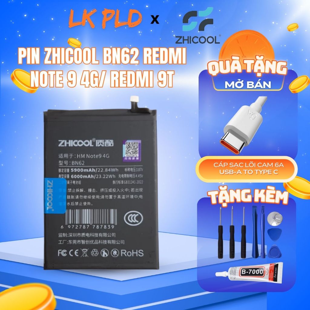 Pin Redmi 9T, Poco M3 hãng Zhicool, Mã pin BN62, Tặng kèm bộ tua vít mở ...