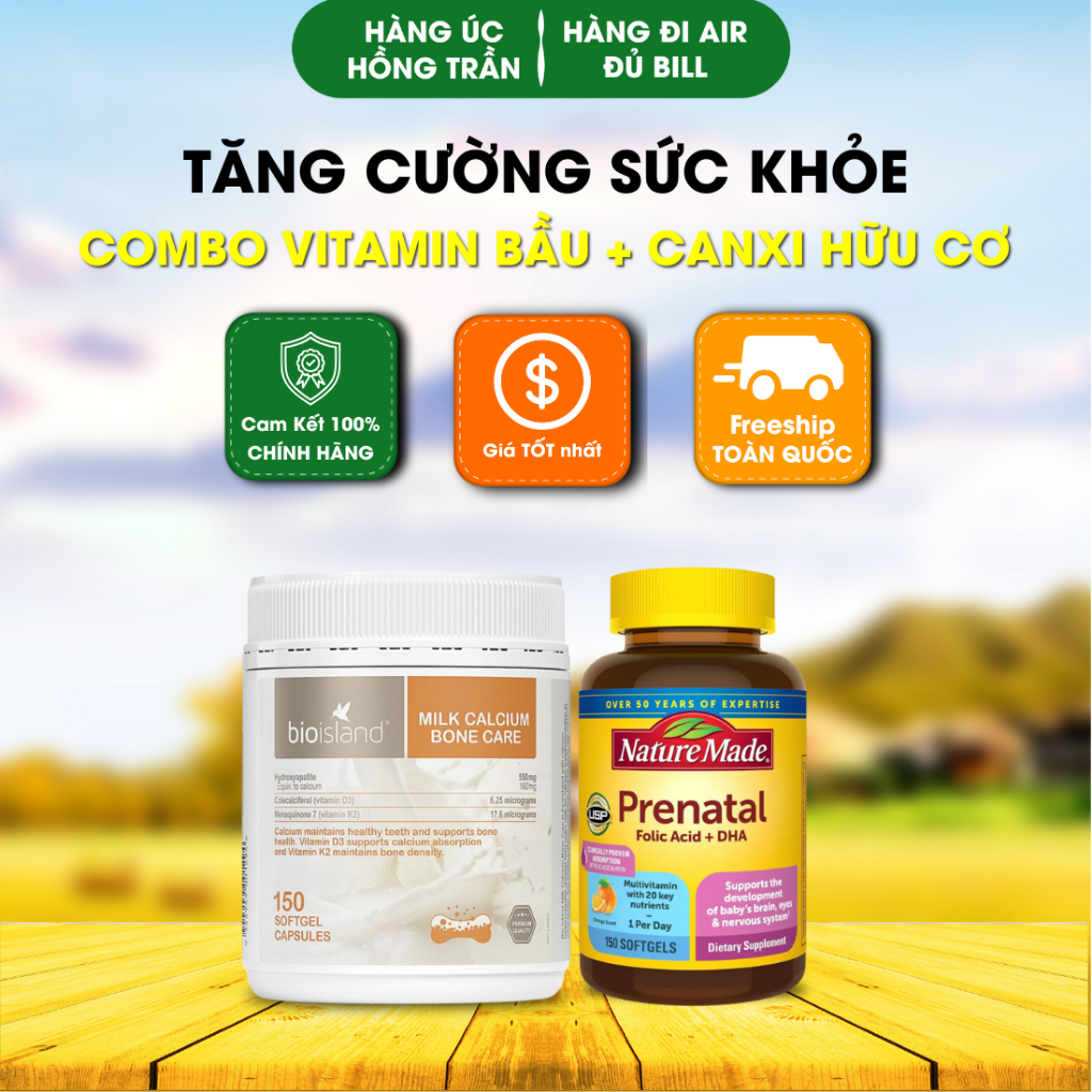 Combo Canxi Hữu Cơ Bone Care Bioisland + Vitamin Nature Made Prenatal Folic Acid + DHA 150v ...