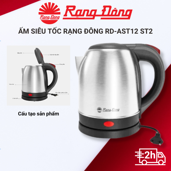 Ấm điện siêu tốc Rạng Đông RD-AST12 ST2 lõi Inox 304 an toàn, tự động ngắt khi nước sôi tiện lợi ...