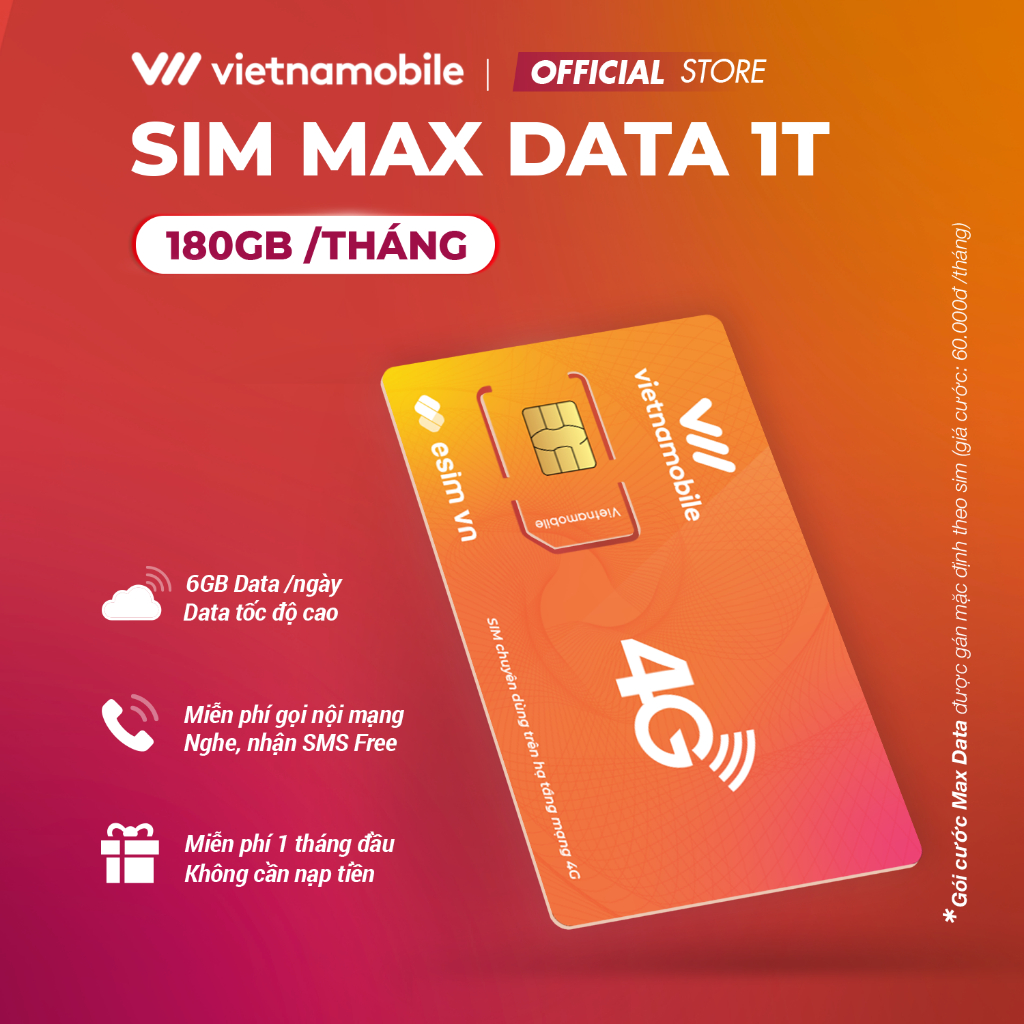 Sim Data 4G Vietnamobile 6GB/Ngày - 180GB/Tháng,Miễn Phí Gọi Nội Mạng. Trọn Gói 1 Tháng. Độc ...