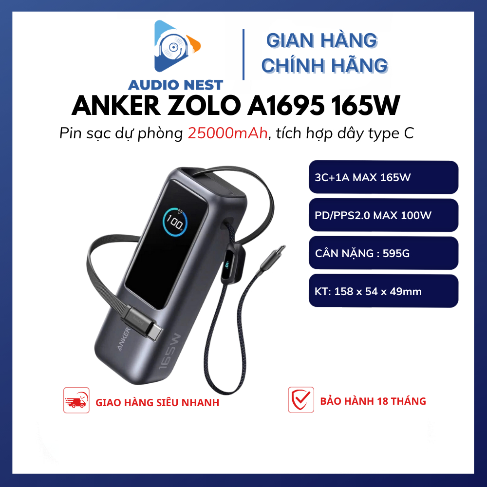 Sạc Dự Phòng Anker Zolo 25000mAh 165W Tích Hợp Cáp Rút Gọn A1695 - Bảo Hành 18 Tháng | Shopee ...