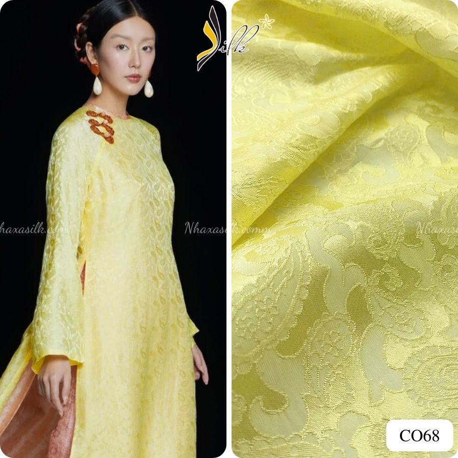 Lụa may áo dài - SILK – lụa hoa văn phượng vũ màu vàng lông gà – CO68 | Shopee Việt Nam
