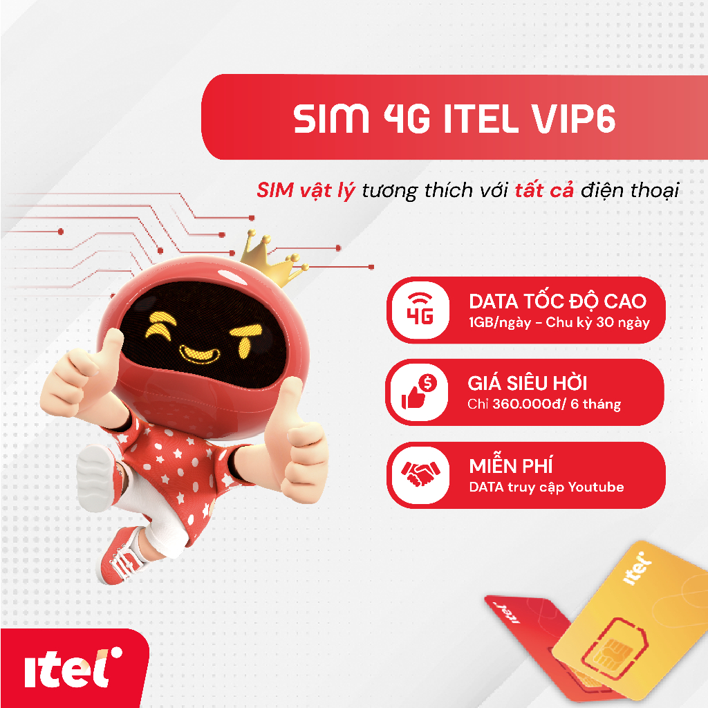 SIM iTel VIP6 - SIM Data 4G - 1GB/Ngày, Miễn phí YT - Gói 6 tháng ...