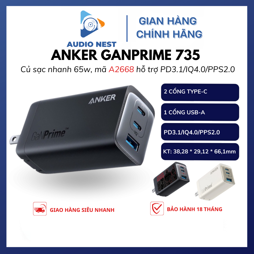 Củ Sạc Anker 735 65w A2668 Hỗtrợ PD3.1/IQ4.0/PPS2.0 Gan Prime Bản ...