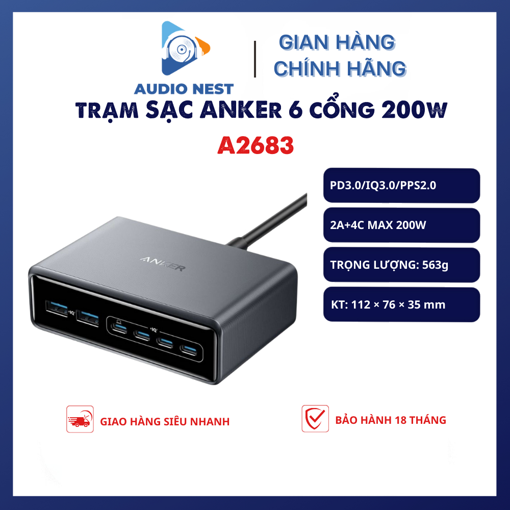 Trạm Sạc Anker 200w 6 Cổng GaNPrime A2683 2A+4C - Bảo Hành 18 Tháng ...