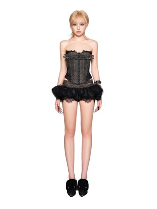 [Tặng hộp] LSOUL Set Áo Corset Da Bò Đan Dây Quần Váy Bí Phối Ren Bồng ...