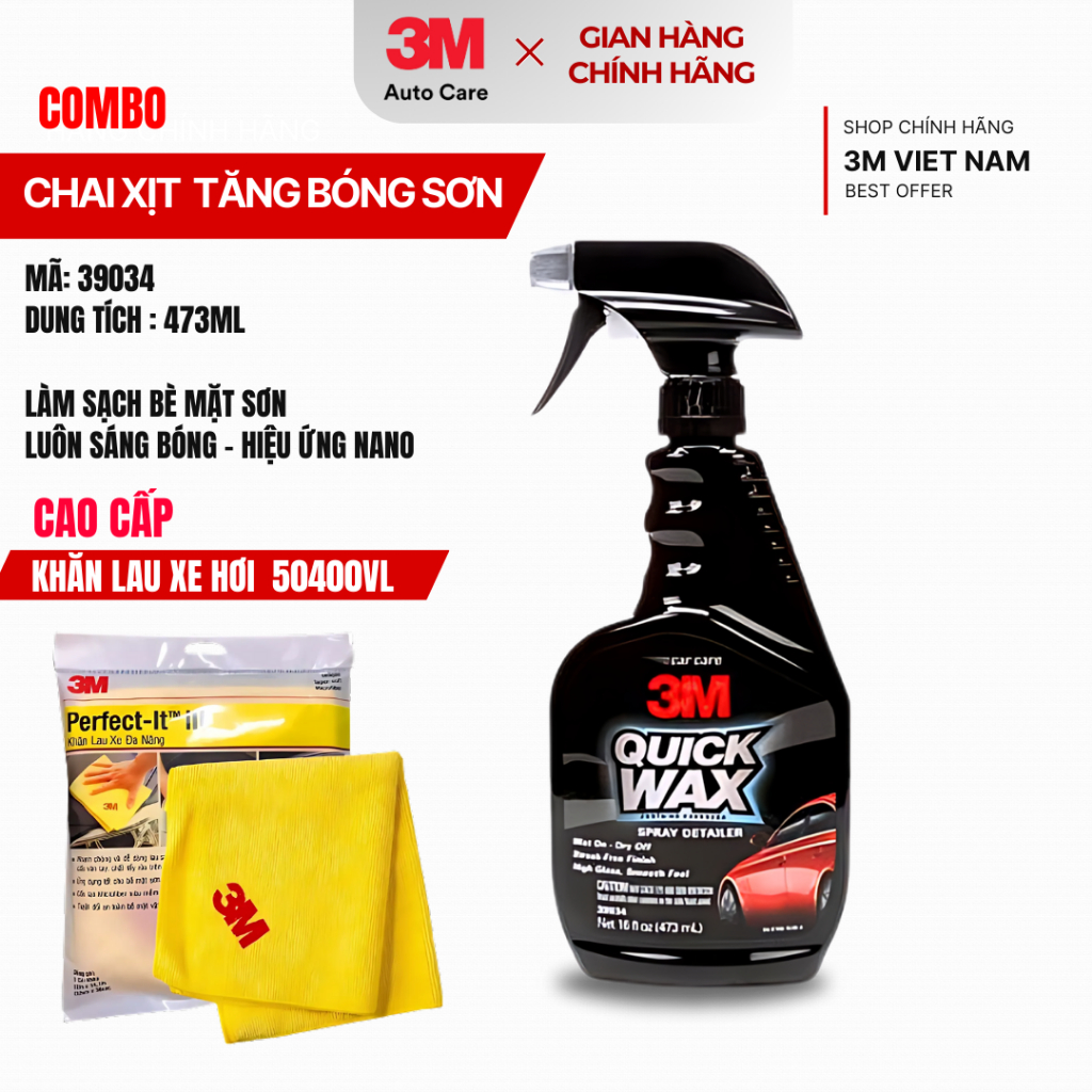 Combo Chai Xịt Tăng Độ Bóng Sơn 3M™ 39034 473ml Và Khăn Lau Xe Chuyên ...