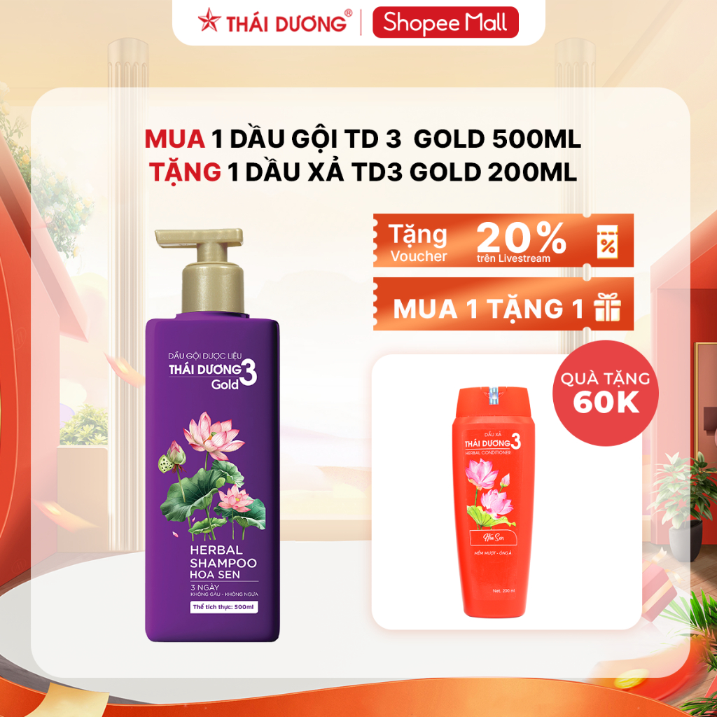 [Sale Tháng 2] Mua 1 Dầu gội Thái Dương 3 Gold Hoa sen 500ml Tặng Dầu xả Thái Dương 3 hoa sen ...