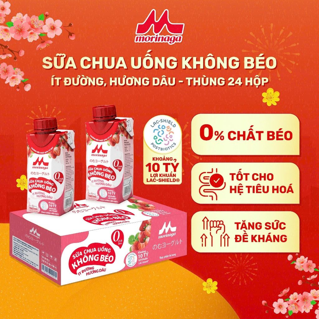 Thùng Sữa Chua Uống Không Béo Morinaga vị dâu - 24 hộp x 190ml - Ít ...