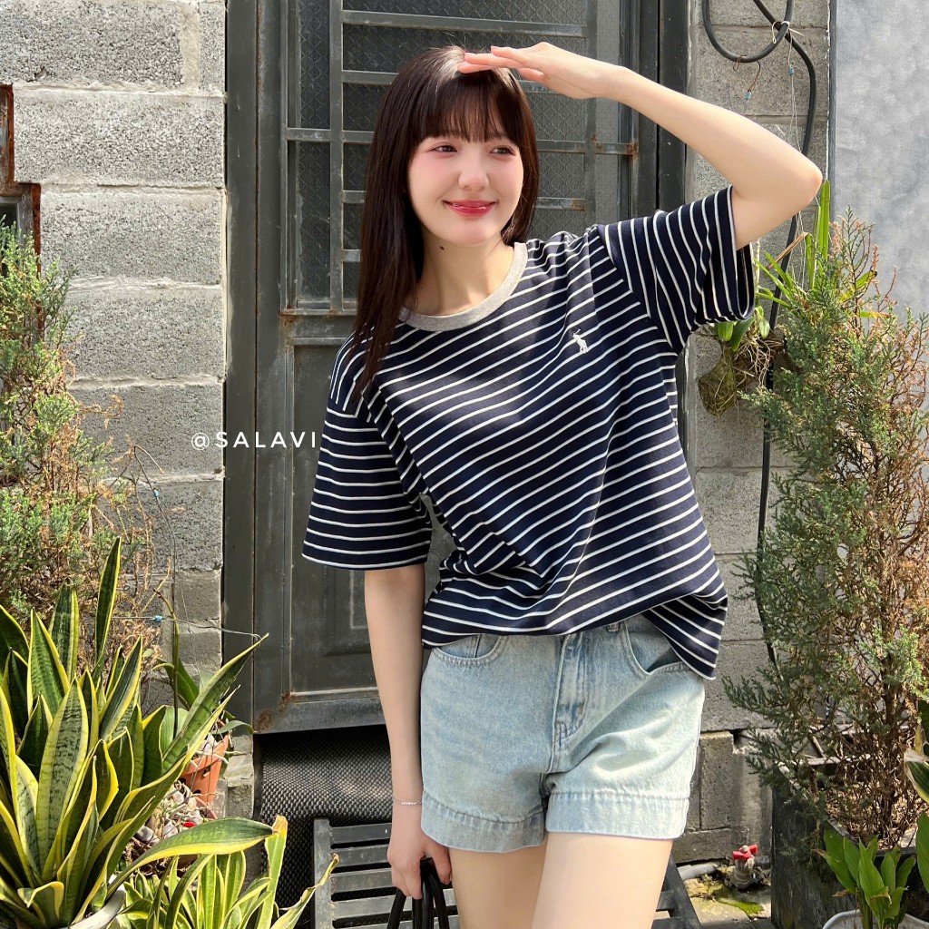 Áo thun cotton sọc ngang thêu ngựa, áo thun bo viền cổ tròn form vừa ...