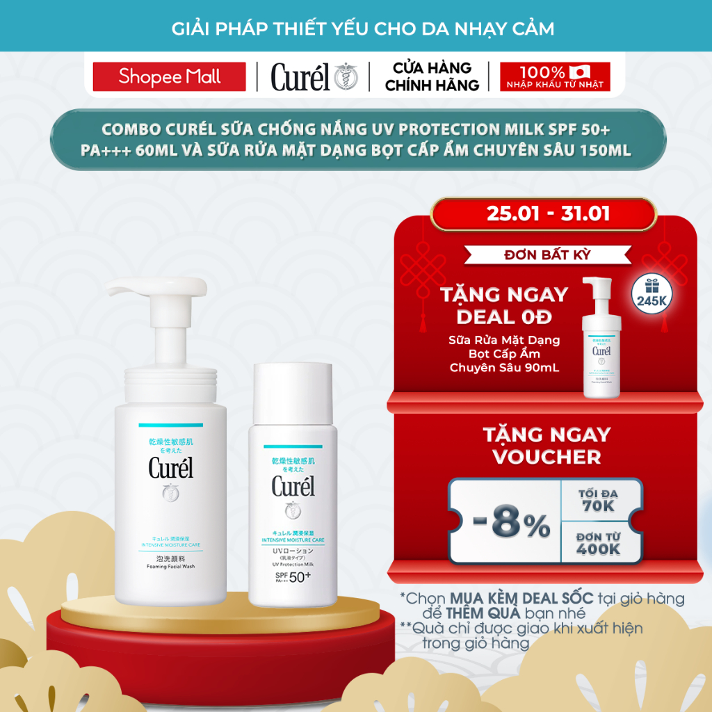 Combo Curél Sữa chống nắng UV Protection Milk SPF 50+ PA+++ 60ml và Sữa rửa mặt dạng bọt cấp ẩm ...