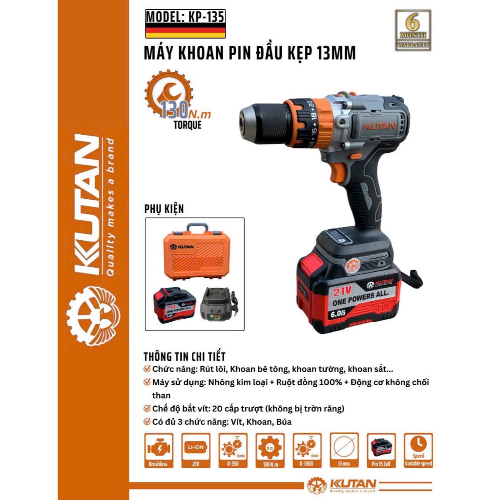 Máy Khoan Pin KUTAN KP-135, Lực siết 130Nm - Đầu kẹp 13mm - 3 chức năng có búa - Không chổi than ...