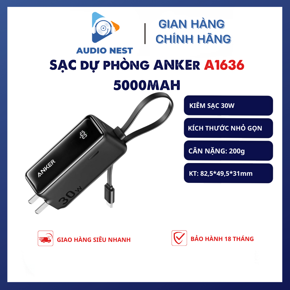 Sạc Dự Phòng Anker A1636 Kèm Sạc Nhanh 30W 22.5W Type C tích hợp, màn hình hiển thị, Bảo hành 18 ...