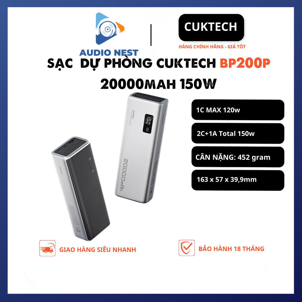 Sạc Dự Phòng Cuktech 20000mAh 150W 100W (PB200P/BP200) 2C1A PD 3.1 PPS5A QC Mi Turbro - Bảo Hành ...