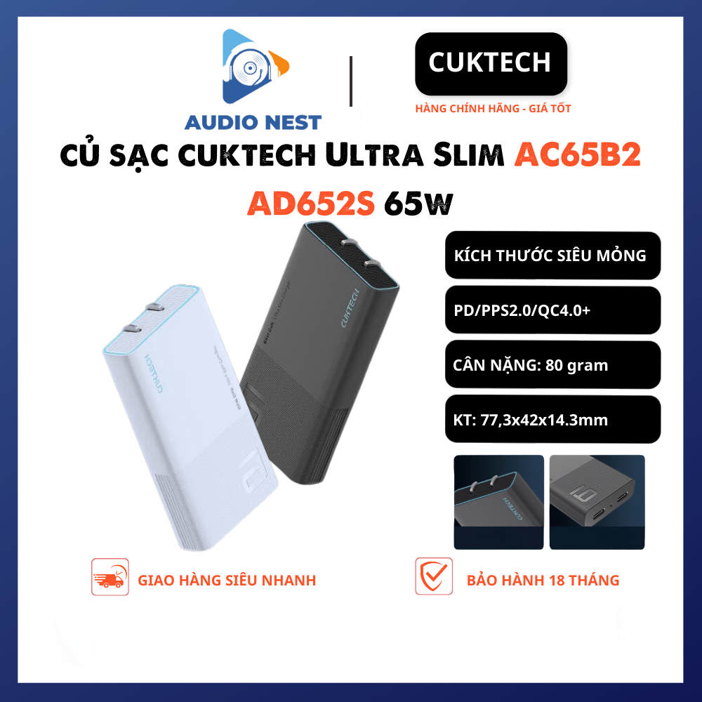 Củ Sạc Cuktech Ultra Slim65w AD652S 2 Cổng C PD/PPS2.0/QC4.0+ - Bảo Hành 18 Tháng | Shopee Việt Nam